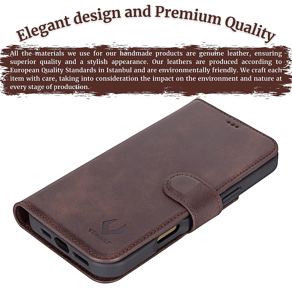 VENOULT Detachable Leather Wallet Case for iPhone 15 Pro, Man or Women Folio Cover, Compatible with Magsafe, RFID, Genuine Leather Card Holder Flip Case, Kick Stand (Chocolate Brown)