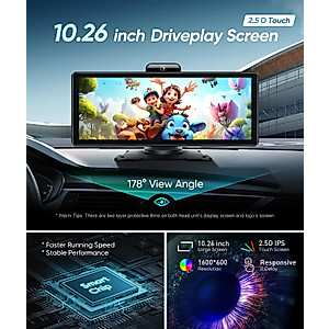 10.26'' Wireless Carplay and Android Auto, Portable Car Stereo with 4K Dash Cam, 1080P Backup Camera, Drivemate Carplay Screen with Bluetooth/Navigation/MirrorLink