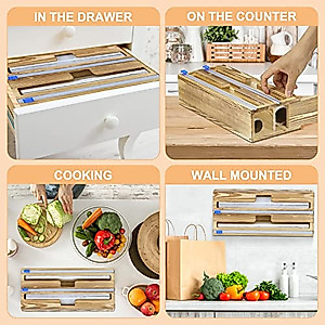 2 in 1 Wood Plastic Wrap Dispenser with Cutter, Foil Plastic Wrap Roll Organizer for Kitchen Drawer, Aluminum Foil, Wax Paper, Parchment, Saran Wrap Dispenser for Organization and Storage