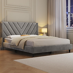 Yaheetech Upholstered Platform Bed with Wing Side Headboard,Heavy Duty Wooden Slat Support/No Box Spring Needed/Easy Assembly, Light Gray Full Bed