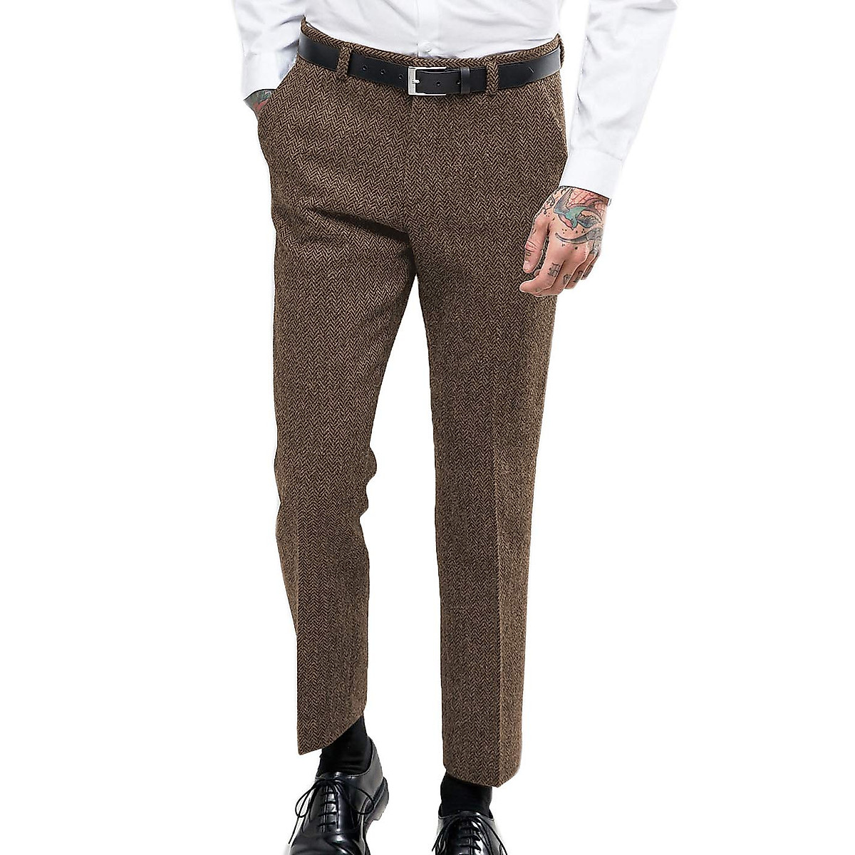 Ceehuteey Men's Retro Dress Suit Pants Thick Wool Flat Front Herringbone Tweed Trousers(Brown, 34W x 30L)