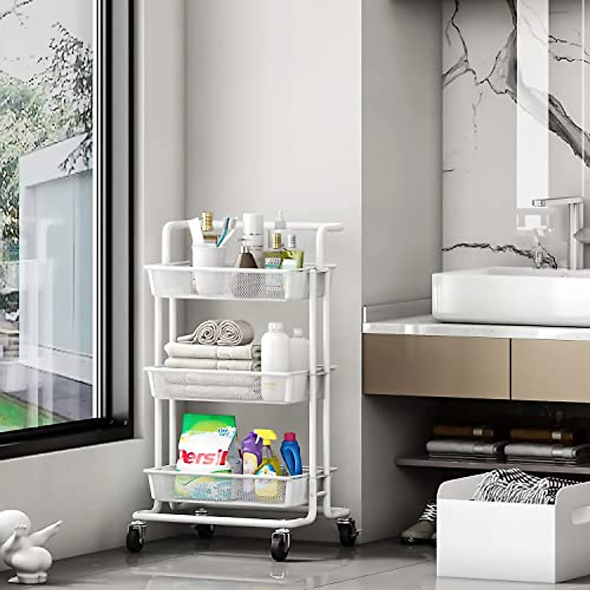 PUSDON 3-Tier Rolling Utility Cart, Metal Mesh Trolley Service Cart with Locking Wheels and Removable Handles, Heavy Duty Organizer Storage Cart for Office Bar Kitchen Bathroom Living Room Use, White