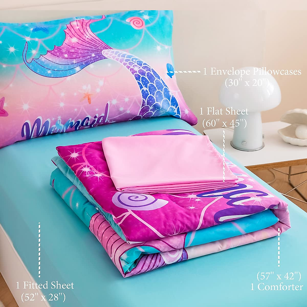 ZRNBAST Toddler Bedding Sets for Girls 4 Pcs Mermaid Tail Toddler Comforter Set Pink Turquoise Gradient Rainbow Colorful Toddler Bedding for Girl Bed, Pink Blue Fish Scale