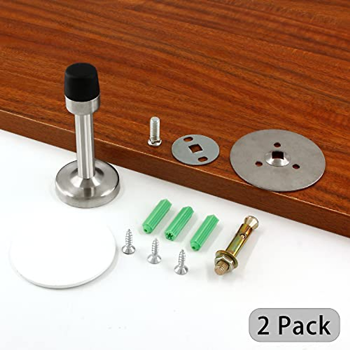 Suiwotin 2pcs 3 Inch Door Stops, Stainless Steel Wall Mount Screw Doorstop with Rubber Bumper, Self Adhesive Sound Dampening Door Stopper (Brushed Silver)