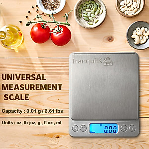 Tranquilk Digital Food Kitchen Scale with 2 Trays 3000g/0.1g High Accuracy Mini Digital Food Scale Measures in Grams and oz for Cooking, Baking,Jewelry, LCD Display (Batteries Included), Silver
