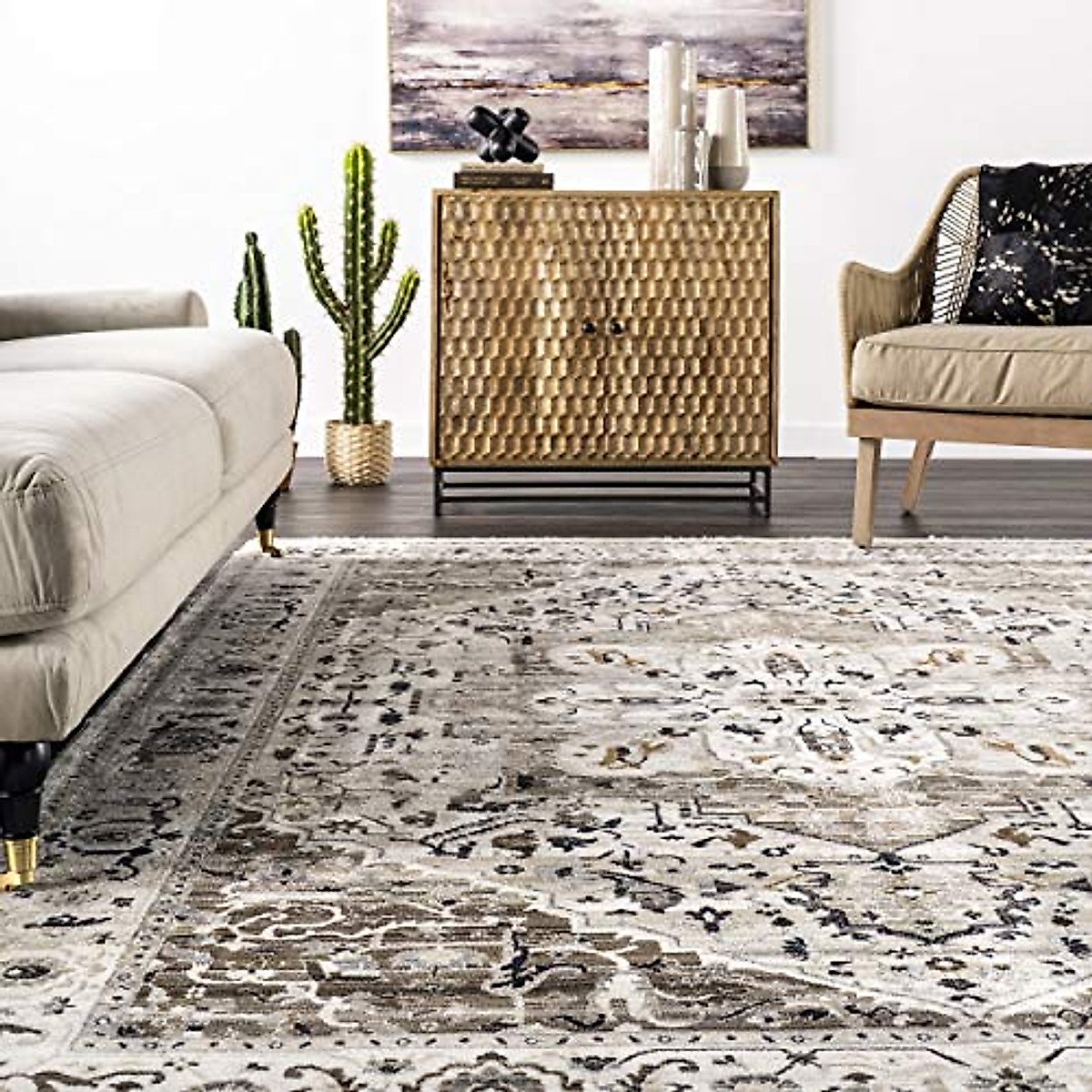 nuLOOM Oliveira Floral Medallion Fringe Area Rug, 5' 3" x 7' 7", Beige