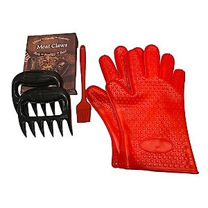 FGS Red Silicon BBQ Gloves/Mitts with Extreme Heat Resistance + Meat Shredder Claws + Silicone Basting Brush