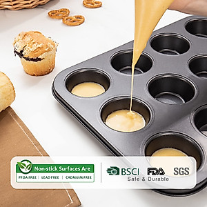 HONGBAKE 2 Pack 12-Cup Muffin Pan for Baking and 1 Pack 8 Cavity Mini Loaf Baking Pan for Oven