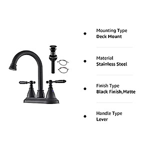BRAVEBAR 4 Inch Bathroom Sink Faucet Black - 2 Handle Centerset Bathroom Faucets | 360° Swivel Spout Vintage Vanity Faucet Bathroom with Pop-up Drain Assembly and Water Supply Hoses Matte Black