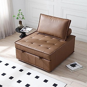 YuiHome Lazy 3 in 1 Multipurpose Faux Leather Ottoman, Convertible, Adjustable Single Sleeper Chair Sofa Bed for Living Room Apartment,Brown