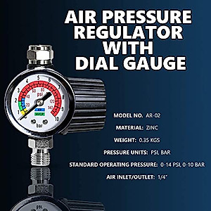 LE LEMATEC Air Compressor Regulator Valve with Pressure Gauge, for Precise Control in Air/Pneumatic Tool Applications, Spray Painting, Tire Inflation and More, ¼ NPT, Up to 140 PSI (AR-02)