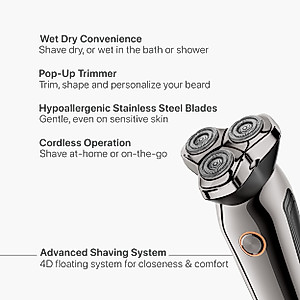 Electric Razor for Men, YASUN Men's Rotary Shaver, Wet/Dry IPX7 Waterproof Electric Shavers for Men with Pop-up Beard Trimmer, Cordless Rechargeable Mens Razor - YS3900 Chrome