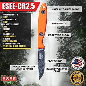 ESEE Knives Cody Rowen CR2.5 Hunting Camping Fixed Blade Knife w/Leather Sheath (Orange)