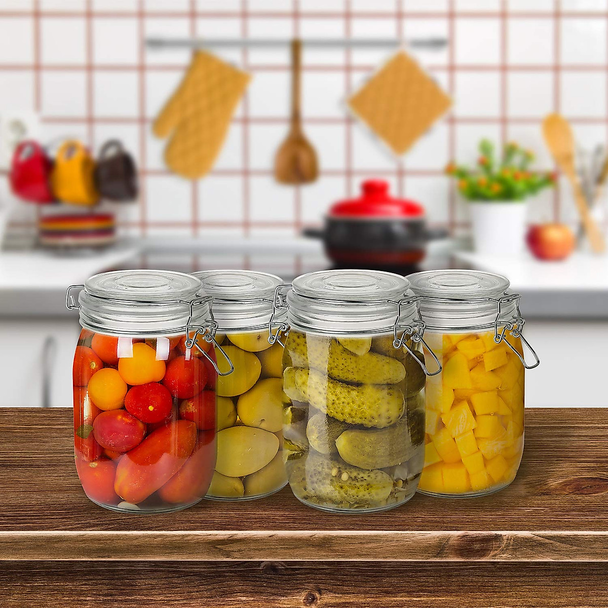 OAMCEG 4 Pack Wide Mouth Mason Jars - 34 OZ Airtight Glass Canning Jars with Leak Proof Rubber Gasket and Clip Top Lids, Perfect for Storing Coffee, Sugar, Flour or Sweets