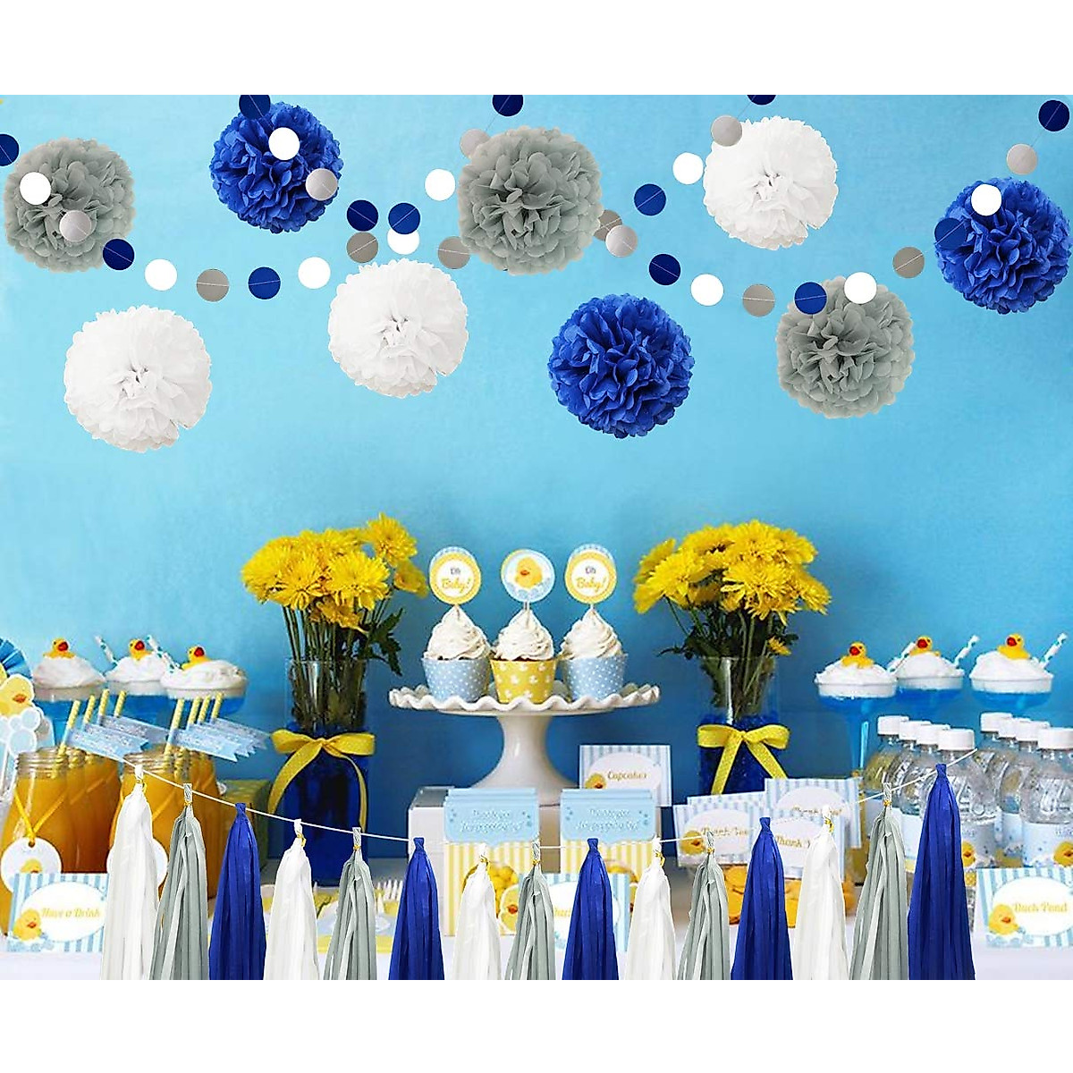 InBy 26pcs Tissue Paper Flower Pom Poms Party Decorations Kit Navy Blue Grey White Tassel Garland for Wedding First Birthday Bridal Baby Shower Graduation Bachelorette Party Supplies (12" 10" 8")