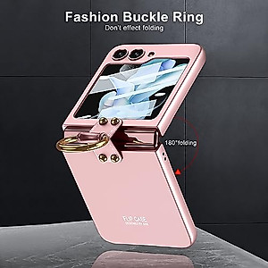 DOOTOO for Samsung Galaxy Z Flip 5 Case with Ring Holder Matte PC Built-in 9H Glass Screen Protector All-Inclusive Shockproof Case (Pink)