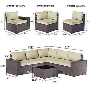Halmuz 6 Piece Patio Furniture Sets Outdoor Conversation Sofa Set, All-Weather High Back PE Rattan Wicker Sectional Furniture Patio Sofa w/Tempered Glass Top Table&Thickened Cushions(Cream)
