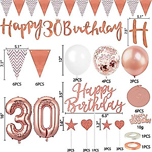 MOVINPE 30th Rose Gold Birthday Decorations, 30th Happy Birthday Banner Pennant Flags 6pcs Hanging Swirl, Number 30 Foil Balloons 8pcs Latex Balloons Cake Toppers Table Confetti for Women
