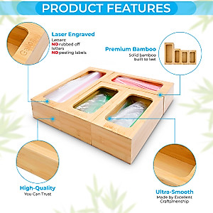 VerveMade Bamboo ziplock bag storage organizer - Premium kitchen drawer organizer- wooden baggie holder with larger quart size - Compatible with Gallon, quart, sandwich, and snack baggies.