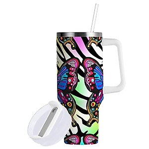 ODAWA Large Butterflies Zebra Insulated Tumbler Cups with Handle and Straw, 2 in 1 Lid Double Insulated Tumblers