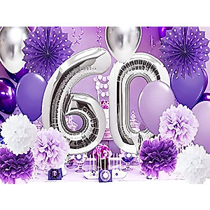 60th Birthday Decorations for Women Purple Silver Women 60 Birthday Happy Birthday Banner Purple Silver Latex Balloons Polka Dot Paper Fans/Purple 60th Birthday Decorations for Women