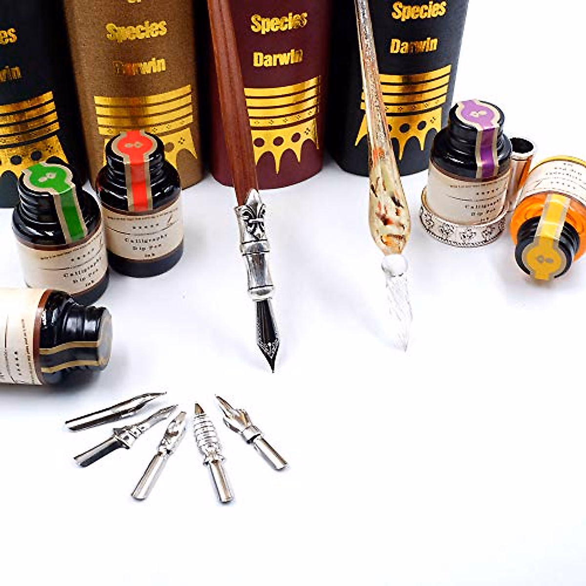 GC QUILL MU-02 Calligraphy Pen Set, Glass Dip Pen and Handcrafted Wooden Dip Pen Gift Set with 5 Colors Calligraphy Ink 6 Nibs 1 Pen Holder, Calligraphy Set for Beginners