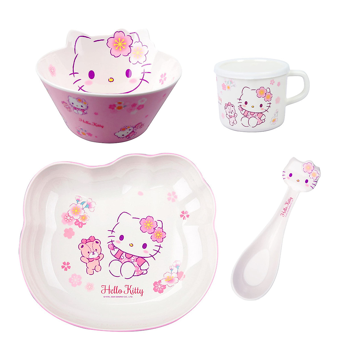 Hello Kitty Bear Sakura Cute Pink Dinnerware Flatware Meal Set – Plate Bowl Cup Spoon, 4 pieces