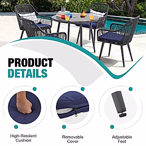 Patiorama 5-Piece Patio Dining Set, Outdoor Dining Table Chair Set, All-Weather Twisted Rattan Wicker Rope Conversation Set, Patio Furniture Set w/Umbrella Hole, 4 Cushioned Chairs&Glass Table(Blue)