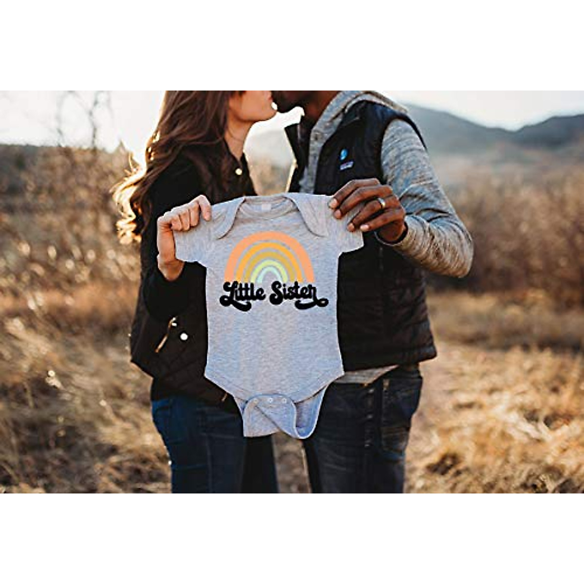 Olive Loves Apple Retro Rainbow Little Sister Sibling Reveal Announcement Bodysuit for Baby Girls Sibling Outfits Vintage Burgundy Bodysuit 6 Months