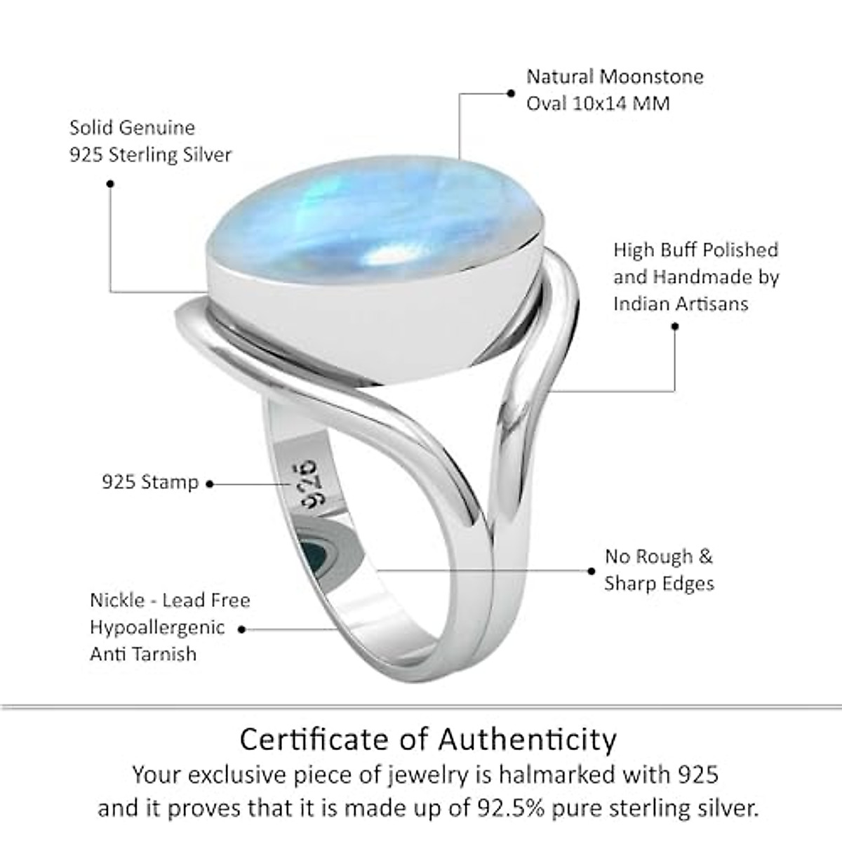 JEWELOPORIUM 925 Sterling Silver Ring for Women Size 8.5 White Natural Rainbow Moonstone Stone Solitaire Silver Ring Christmas - Gift Costume Jewelry