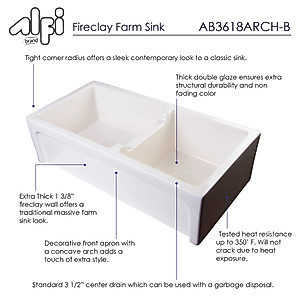 ALFI brand AB3618ARCH-B Arched Apron Thick Wall Fireclay Double Bowl Farm Sink, 36", Biscuit