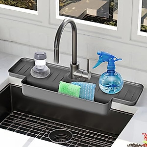 Faucet Handle Drip Catcher Tray, Silicone Foldable Faucet Handle Drip Catcher Tray Mat, Soap Sponge Holder for Kitchen Sink Accessories Gadgets Counter Bathroom (GRAY)