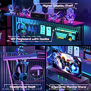 Gaming Computer Desk with Shelves and Outlets, Gaming Desk with Hutch and LED Lights, Reversible PC Gaming Desk with Pegboard, Carbon Fiber Black 47''