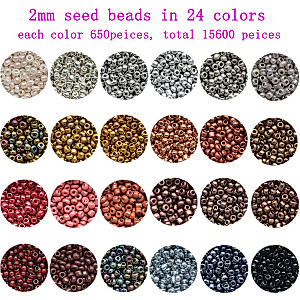 VOOMOLOVE 12/0 Glass Seed Beads About 15600pcs 24 Colors 2mm Loose Seed Beads Kit Bracelet Making Beads with 24-Grid Plastic Storage Box for Jewelry Making