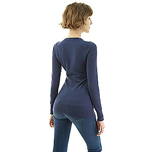 AmélieBoutik Women V Neck Eyelet Trim Long Sleeve Sweater (Dark Heather Blue Medium)