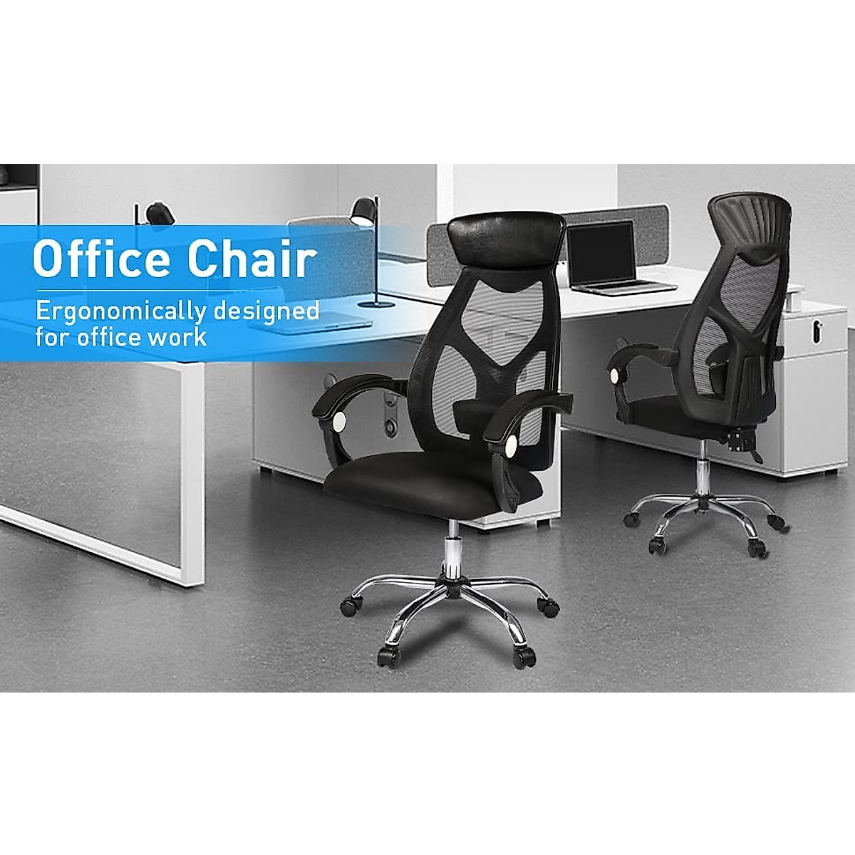 Ergonomic Office Desk Chair, Recliner with Mesh High Back Leather Headrest, Adjustable Lumbar Support Reclining Office Chair, Padded Armrest for Swivel Office Task Computer Chair, Modern Black