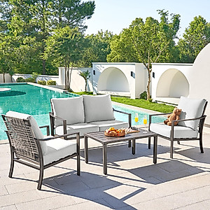 NATURAL EXPRESSIONS Patio Furniture 4 Piece Set,Outdoor Conversation Set Metal Patio Sectional Sofa with High Back Hand-Woven Rope Chairs by Hand Brushed Wood Grain Finish, 6" Cushion for Yard,Garden