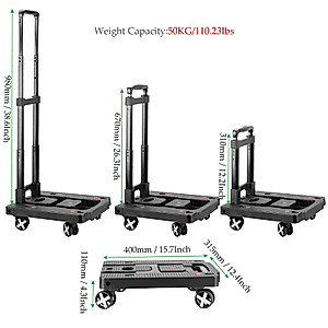 MAHIONG Folding Hand Truck, 110 Lbs Load Capacity Portable Luggage Cart with 4 Wheels, Bungee Cords and Bag, Solid Construction Utility Folding Hand Truck Dolly for Luggage Travel Shopping Moving
