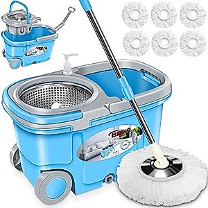 Tsmine Commercial Microfiber Spin Mop and Bucket with Wringer Set for Hardwood Floor,Kitchen Household Cleaning Tools Supplies with 6 Replacement Refills,61" Extended Handle