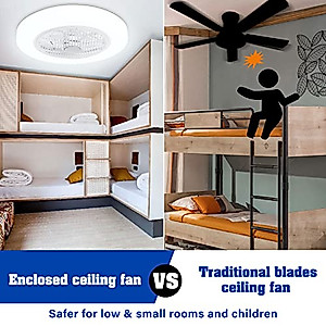 TCFUNDY Ceiling Fan with Light and Bluetooth Speaker, 22" Enclosed Low Profile Ceiling Fans Lights, Dimmable LED Lighting, 6 Wind Speeds Reversible Blades, App & Remote Control, Semi Flush Mount Fan
