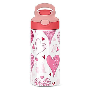 Kigai Romantic Pink Peach Heart Kids Water Bottle, Insulated Stainless Steel Water Bottles with Straw Lid, 12 oz BPA-Free Leakproof Duck Mouth Thermos for Boys Girls