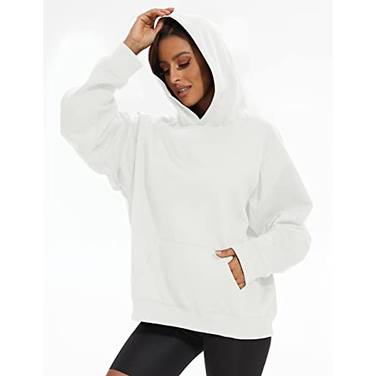 JEIBKOUY Women Men Solid Loose Basic Hoodies Fleece Long Sleeve Unisex Pullover Oversized Sweatshirt White