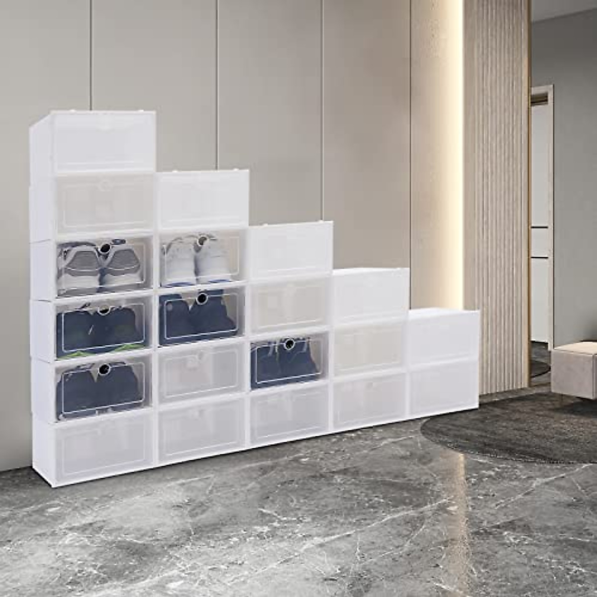 XUANIIIL 12/24 Pack Stackable Shoe Box Set, Plastic Clear Medium/Large Size Foldable Shoe Storage Boxes Home Organizer for Closet Shoe Holder Rack Containers with Lids (White, Standard Size, 20pcs)