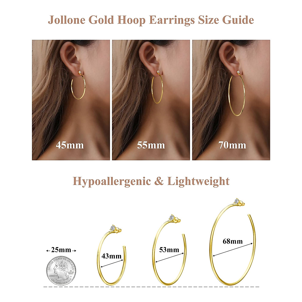 Gold Hoop Earrings for Women 14K Gold Plated Large Gold Hoops Earrings, Hypoallergenic Thin Hoop Earrings for Women with Cubic Zirconia