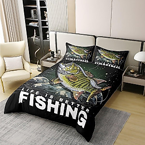 jejeloiu Big Pike Fish Duvet Cover 100% Cotton Bass Big Fish Bedding 100% Cotton Set Fishing and Hunting for Children Microfiber Fisherman Fish Man Duvet Set Room Decor Quilt Cover Full Zipper