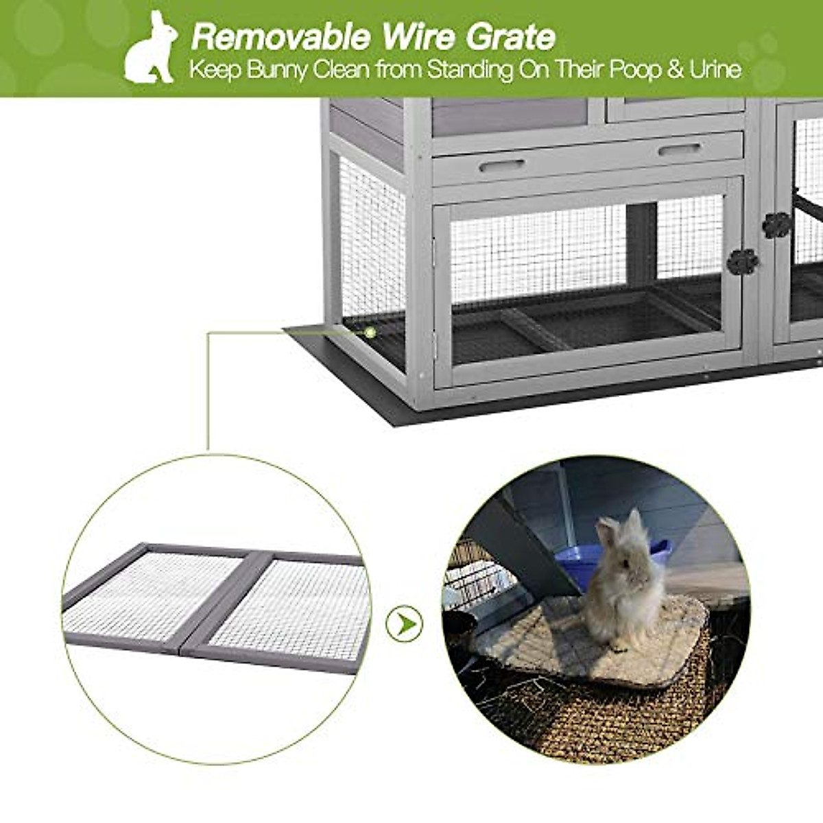 Gutinneen Rabbit House Indoor Outdoor Rabbit Hutch with Ventilation Door,Wooden Bunny cage with No LeakageTray, Removable Bottom Wire Mesh & PVC Layer,Chicken Coop UV Panel