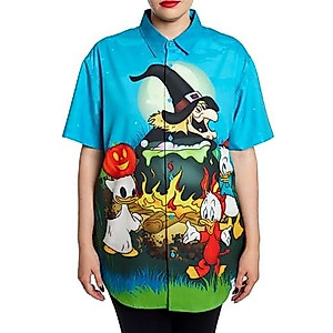 Loungefly Disney Huey, Dewey, & Louie Halloween Camp Shirt Medium Blue