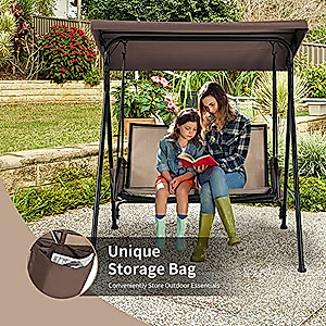 Tangkula 2-Person Patio Swing, Outdoor Porch Swing with Adjustable Canopy & 2 Storage Pocket, Powder-Coated Steel Frame Canopy Swing with Armrest for Garden, Balcony, Backyard