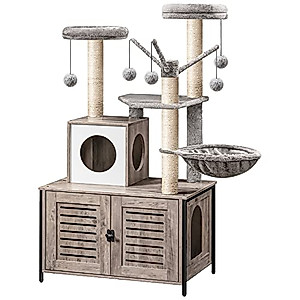 HOOBRO Cat Tree with Litter Box Enclosure, Cat Tower with Scratching Posts for Indoor Cats, All-in-One Wooden Cat House Furniture, Cat Condo with Hammock, Detachable Teaser Sticks, Greige BG14MZ03