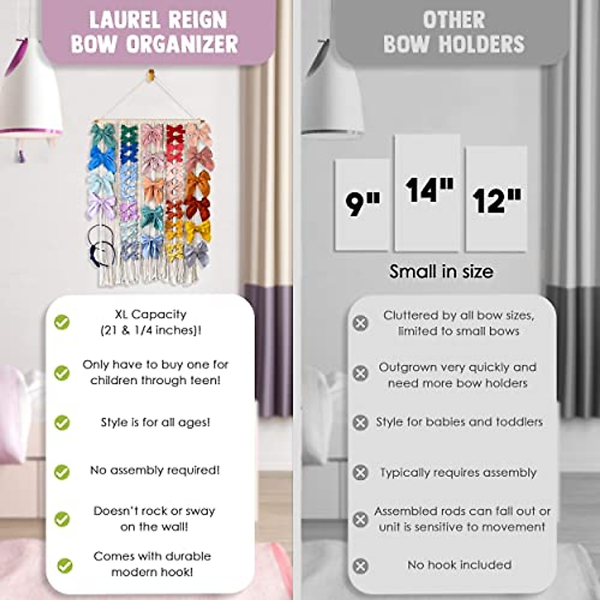 XL Bow Organizer for Girls Hair Bows - Holds All Hair Bow Sizes | Baby Bow Organizer | Hair Bow Organizer and Bow Holder for Girls Hair Bows | Headband Holder | Bow Hanger for Girls Hair Bows